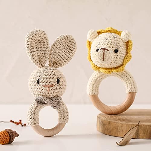 Buy SYCAMORE EAST Baby Rattle For Newborn, Crochet Bunny Rattle Wood ...