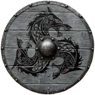 Bouclier dragon rond médiéval en bois et acier Viking Halloween, gris ...