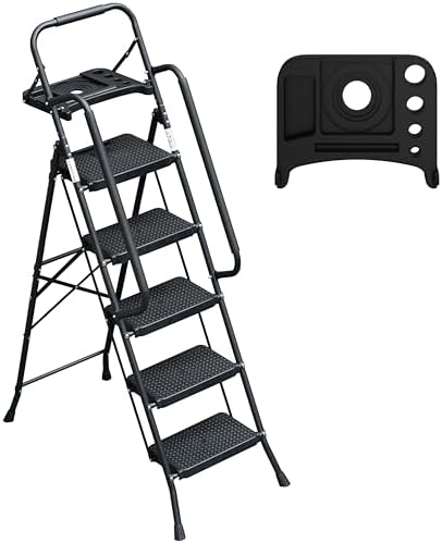 KINGRACK 5 Step Ladder with Tool Platform, Folding Step Stool with ...