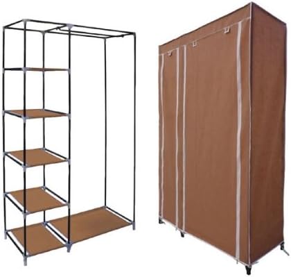 NEW DOUBLE CANVAS WARDROBE CLOTHES RAIL STORAGE BROWN : Amazon.co.uk ...