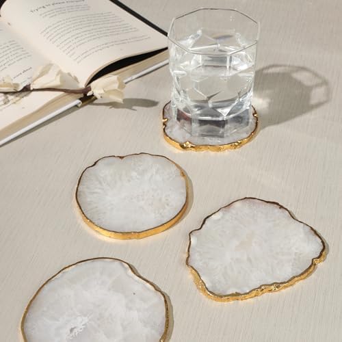 Amazon.com: White Agate Stone Crystal Coasters with Gold Edge - Set of ...