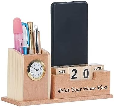 SHIVOM CRAFTS Wooden Desk Organizer with Clock, Wooden Mobile Holder ...