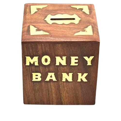 HNY Wooden Cube Shaped Money Bank Coin Box with Keys Lock for Kids and ...
