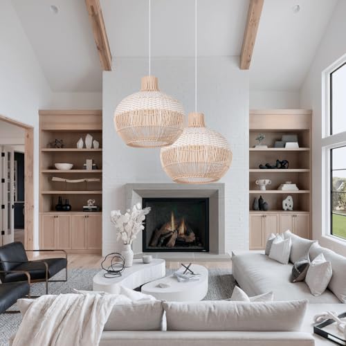 Arturesthome White Rattan Pendant Lights,13.7" Farmhouse Coastal Wicker ...