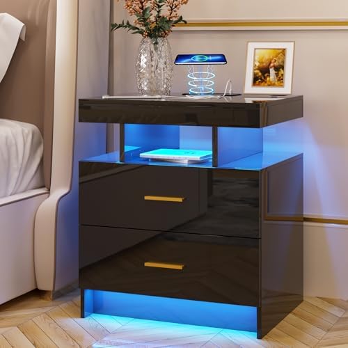 yoofun Black LED Bedside Table with Wireless Charging Station, Smart ...
