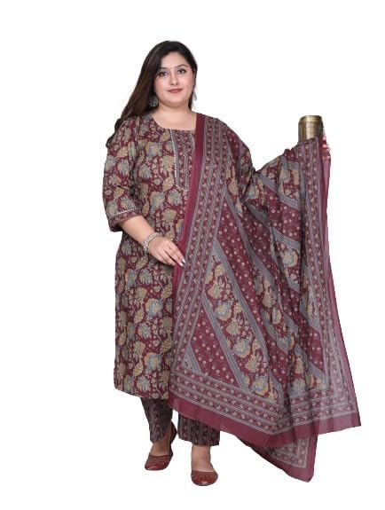 Buy Swasti Plus Size Floral Print Pure Cotton Straight Kurta, Dupatta ...