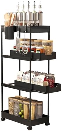 Amazon.co.jp: VARMHUS キッチンワゴン 隙間収納ラック 4段 キャスター付き 隙間収納ワゴン スライド式 隙間収納 引き出し式 収納ワゴン スリム 調味料ラック 組立簡単 ...