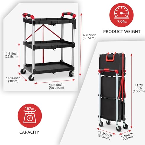 Snapklik.com : Foldable Utility Service Cart, 3 Shelf 168LBS Heavy Duty ...