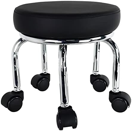 WKWKER Small Roller Stool PU Leather Wheeled Seat 360° Rotating Low ...