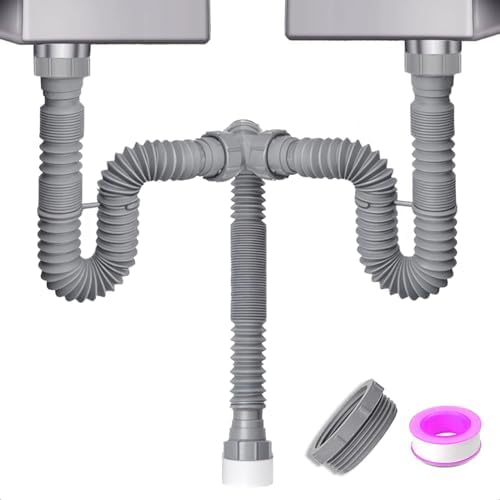 Amazon.com: Cinsda Double Sink Drain Kit, Flexible Sink Drain Pipe 1-1/ ...