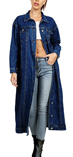 Jofemuho Womens Classic Long Jean Jacket Plus Size Loose Long Sleeve ...