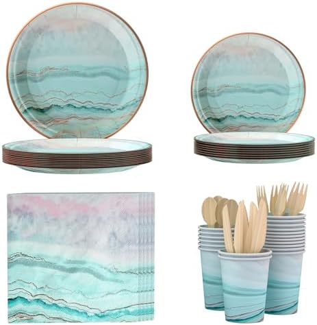 Amazon.com: 168 Pcs Teal Disposable Tableware Set Turquoise Plates And ...