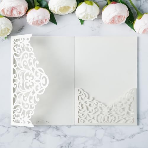 PONATIA 20PCS Ivory Laser Cut Wedding Invitations Pockets, Tri-fold 5x7 ...