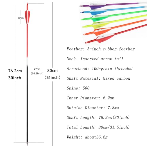 Poearcus Archery Carbon Arrow 30 Inch Hunting Arrows 500 Spine Target ...
