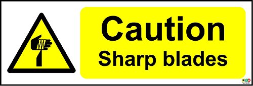 Caution Sharp Blades Safety Sign - Self adhesive sticker 300mm x 100mm ...