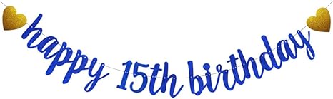 Amazon.com: SUNbetterland Blue glitter Happy 15th Birthday Banner, Pre ...