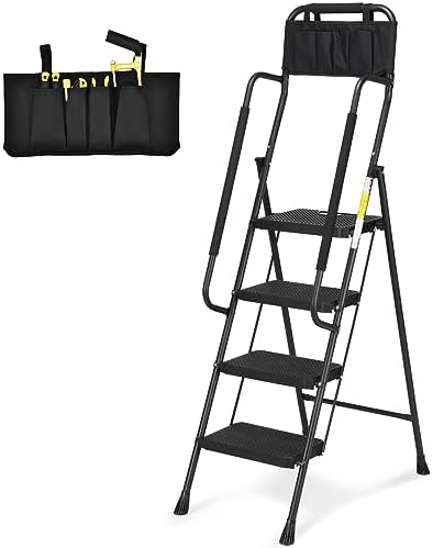 HBTower 4 Step Ladder with Handrails, Folding Step Stool Portable Steel ...