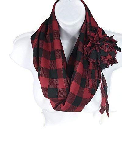 Amazon.com: Red and Black Buffalo Check Chiffon Scarf with Flower Pin ...