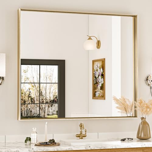 Keonjinn Brushed Gold Bathroom Mirror 42 x 36 Inch Metal Framed ...