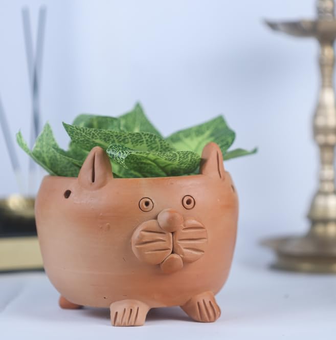 Khavi Arts Premium Artisanal Terracotta Clay Cat Planter for Indoor ...