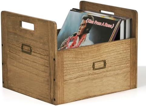 Retro musique Wooden 12” LP Vinyl Record Storage Crate on Wheels Holds ...