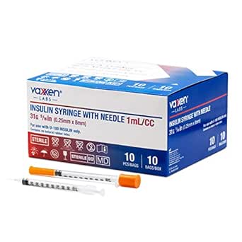 Amazon.com: Vaxxen Labs U-100 Insulin Syringe - 1mL 31G 1cc 5/16" (8mm) - Box of 100 ...