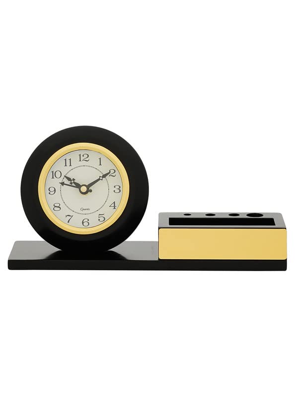 CHRONIKLE Decorative Wooden Case Analog Pen Stand Table Clock for Office Desk Study Room Home ...