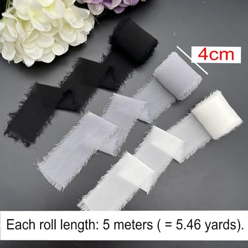 JZK 3X White Grey Black raw Edge Chiffon Ribbon Rolls, 5m/roll, 4cm ...