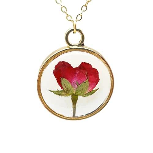 Amazon.com: Red Rose Flowers Natural Rosa Pendant 18k Gold Plated ...