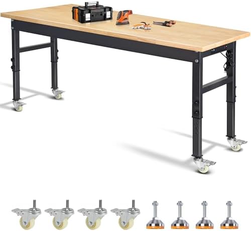 70'' Adjustable Workbench, Rubber Wood Top Work Bench Heavy-Duty Work ...