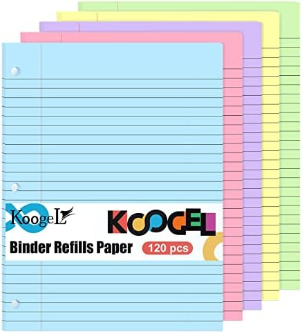 Koogel Binder Refills Paper, 120 Sheets Lined Filler Paper 3 Holes ...