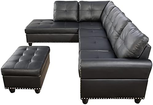 Amazon.com: Devion Furniture Faux Leather Sectional Sofa with Ottoman in Black (Pillows Included ...