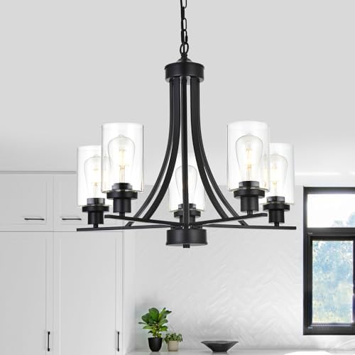 BONLICHT Black Chandelier 5 Light Dining Room Light Fixture Hanging Modern Pendant Lighting with ...