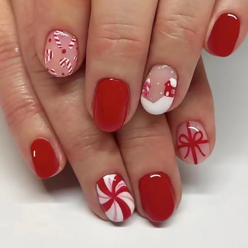 Christmas Press on Nails Short Oval Fake Nails With Candy Cane Bow ...