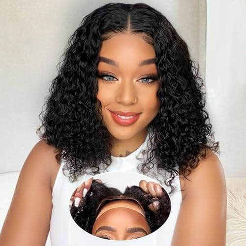 Amazon.com : FCUFCU 14 Inch Water Wave Bob Wig Human Hair 5x5 Frontal ...