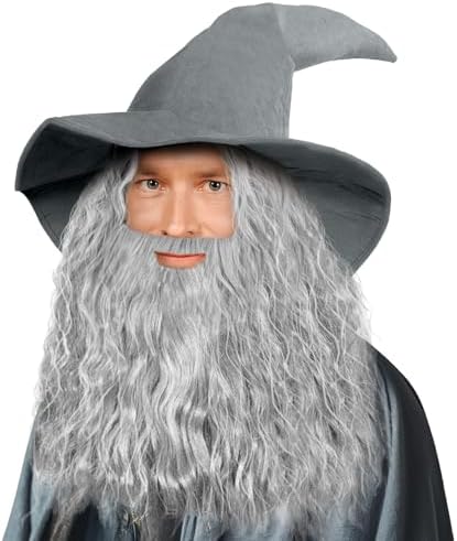 Amazon.com: MAXHJX Grey Wizard Beard Wig and Hat: Halloween Long Gray ...
