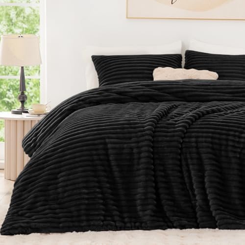 EXQ Home Fluffy Comforter Set Queen Size - Super Soft Faux Fur Stripe ...