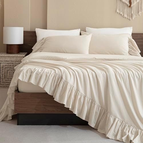 Amazon.com: QSH 100% Cotton Queen Sheet Set, Ruffle Bed Sheets Wheat ...