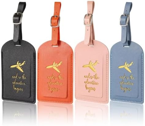 4pcs PU Leather Luggage Tags, Baggage Tag with Adjustable Strap & Privacy Protection Cover ...