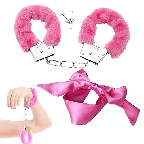 Metal Handcuffs with 2 Keys,Satin Blindfold Fluffy Handcuffs Kids Play ...