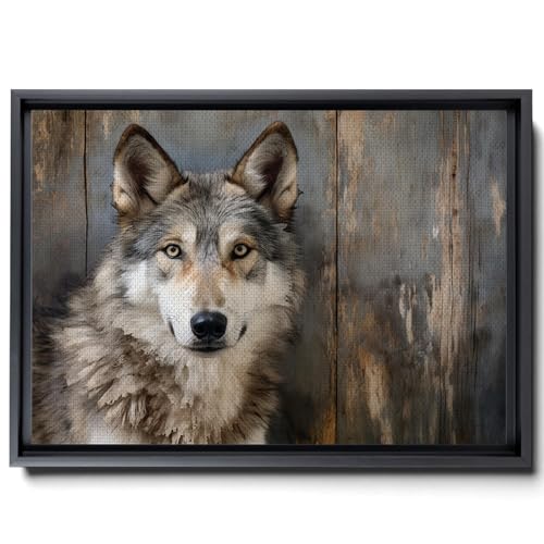 Amazon.com: Wolf Wall Art Rustic, Framed Wild Beige Animal Painting ...