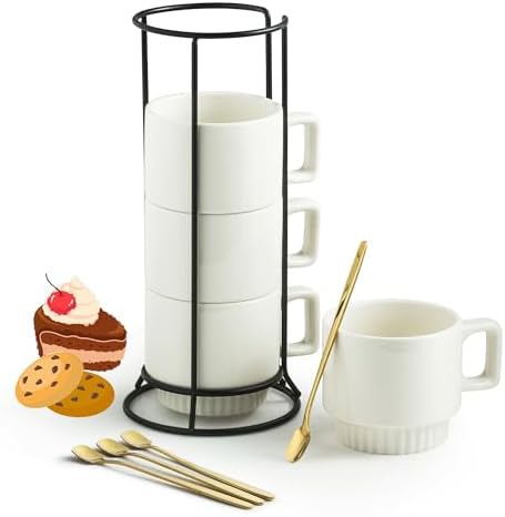 Amazon.com: Buyajuju Porcelain Stackable Coffee Mugs Set of 4 with ...