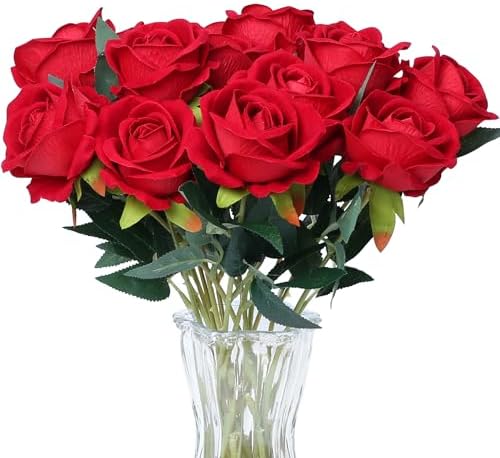 Amazon.com: Winlyn 15 Pcs Real Looking Artificial Red Roses with Long ...