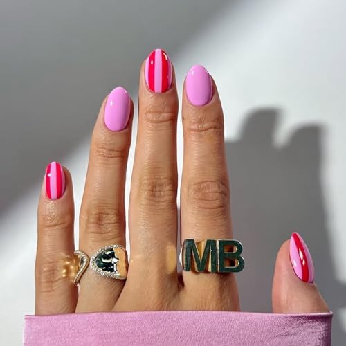Amazon.com: Pink Glossy Press On Nails Short Almond Fake Nails Red Line ...