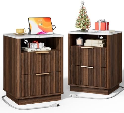Amazon.com: FavourLife Fluted Nightstand, Night Stand Set 2, Walnut ...