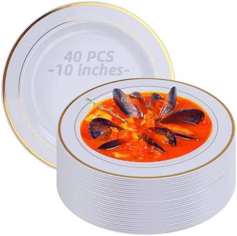 SHUESS 40 Pack Elegant White Plastic Dinner Plates with Gold Rim - 10 ...
