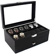 Amazon.com: HAPPCUCOE 3 Layers Black Leather Watch Box,Jewelry Storage ...