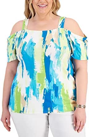 JM Collection Plus Size Printed Cold Shoulder Top Blue Combo 3X at ...