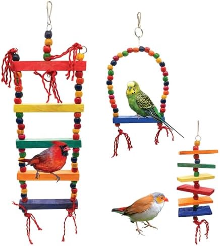 LAFANGA Bundle of 3 Bird Toys Ladder, Swing & Chewing Toy Wooden ...