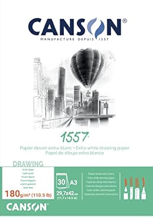 CANSON 1557 Extra White 120gsm A3 Sketch Paper, Light Grain, 30 Sheets ...